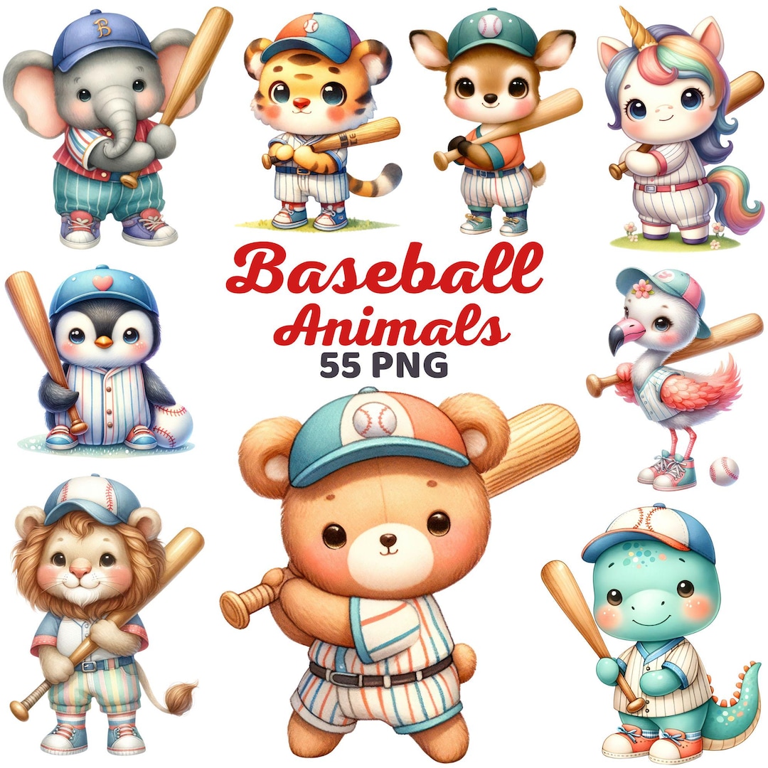 Baseball Animals Clipart, Watercolor Cute Cartoon Sports Nursery ...
