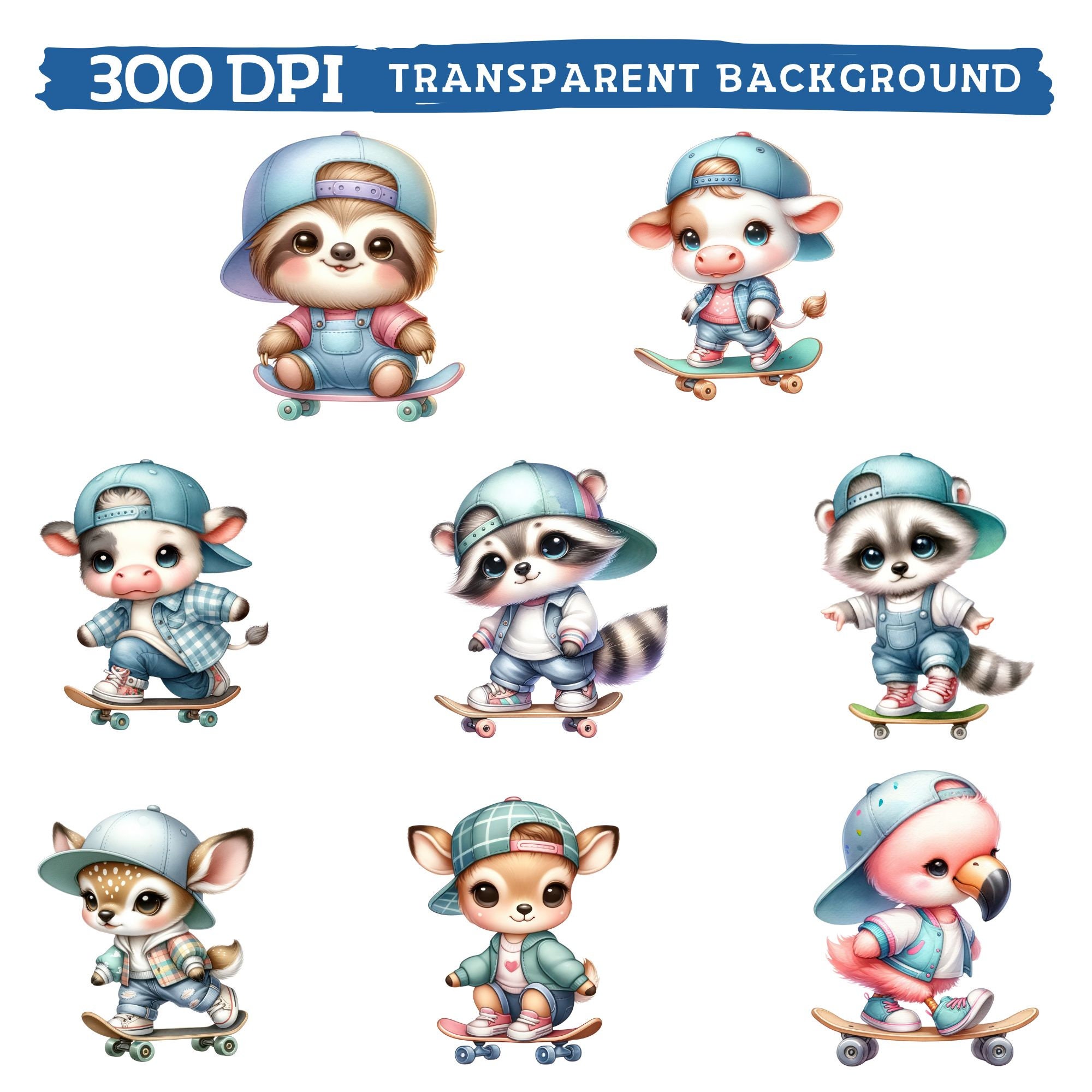 Skateboarding Animals Clipart, Watercolor Cute Cartoon Skateboard ...