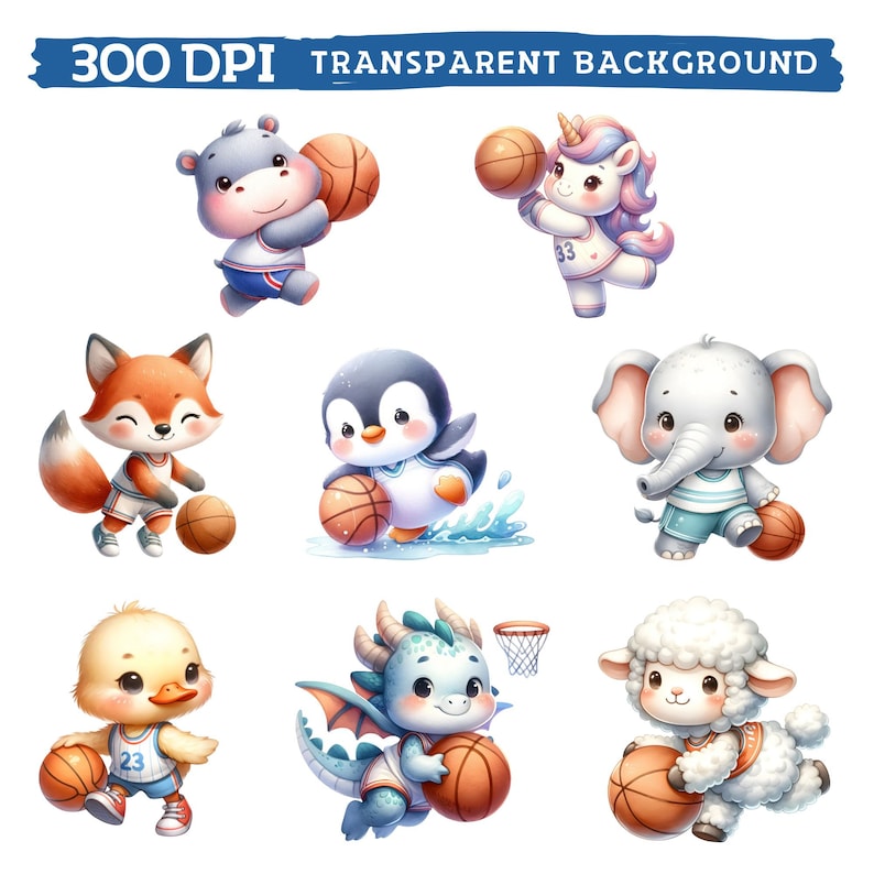 Basketball Animals Clipart, Watercolor Cute Cartoon Sports Nursery ...
