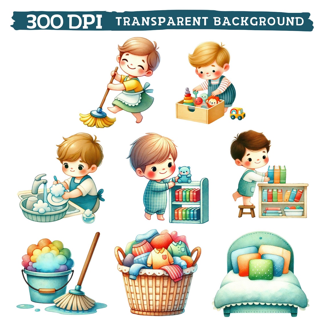 Kids Cleaning Chores Clipart, Watercolor Cute Housework Charts, Routine ...