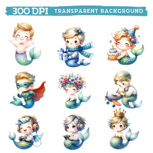 Adorable Merman Clipart Bundle, Watercolor Kid-friendly Mermaid Nursery ...