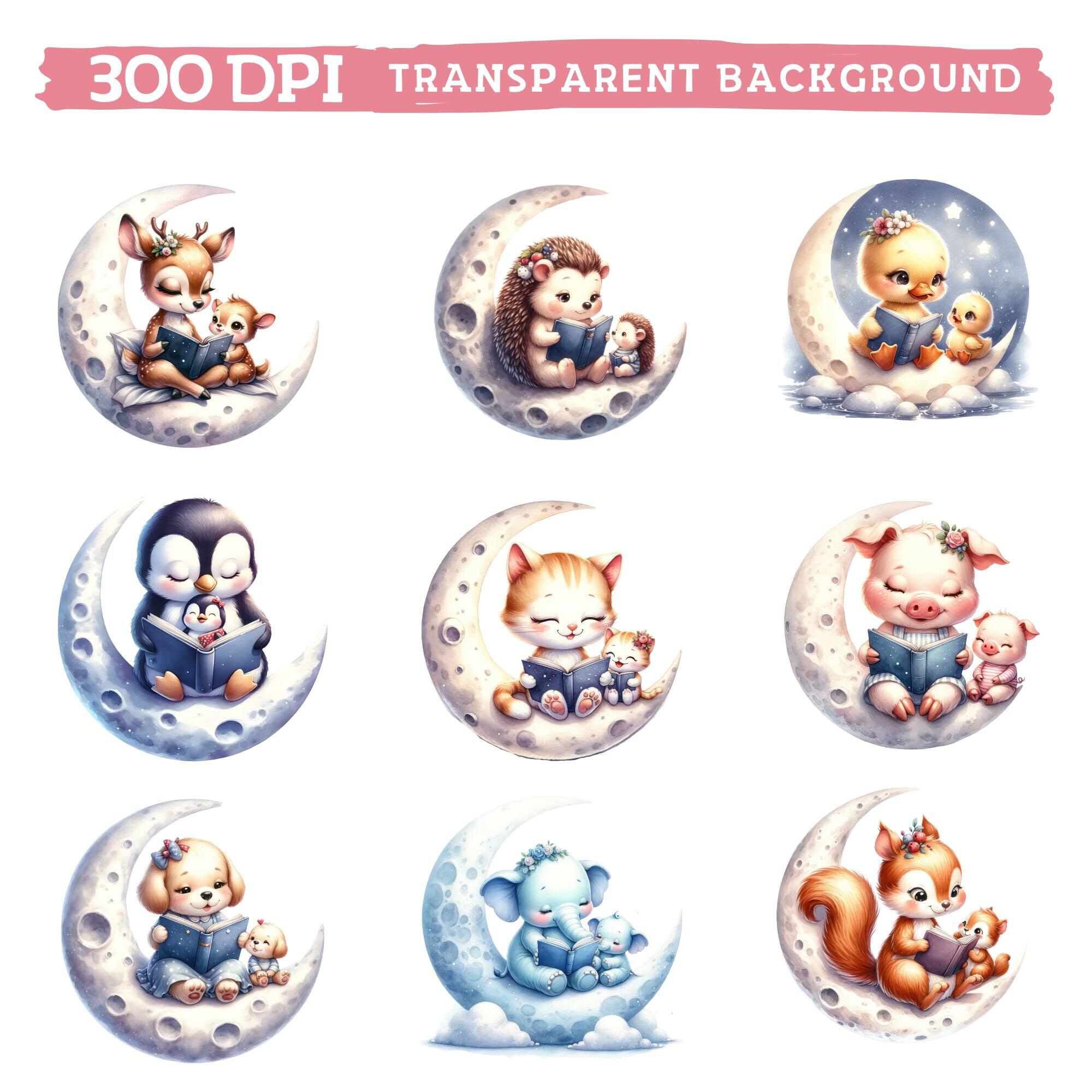 Mama & Baby Animals Reading Clipart, Watercolor Cozy Storytime on Moon ...