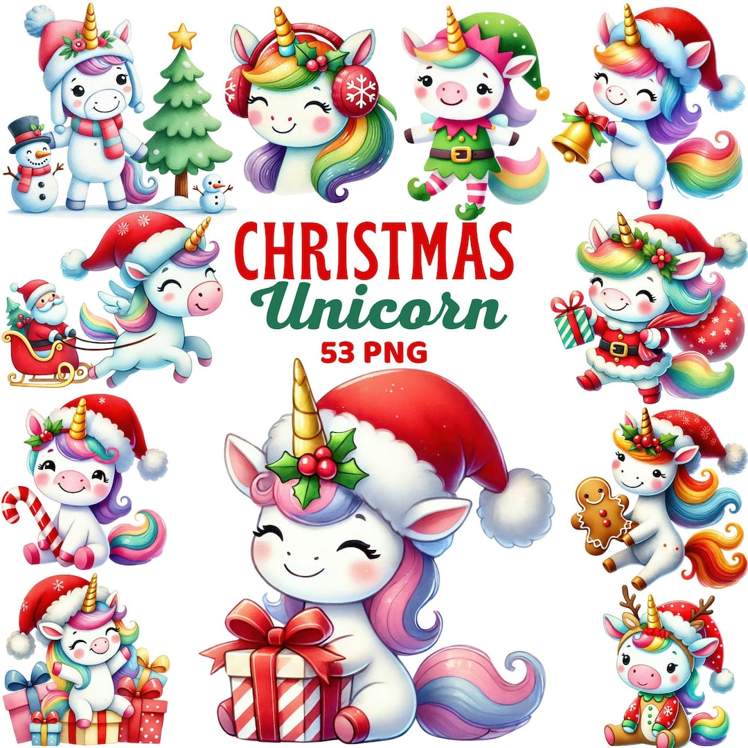 Christmas Unicorn Clipart, Watercolor Cute Holiday Unicorns, Festive ...