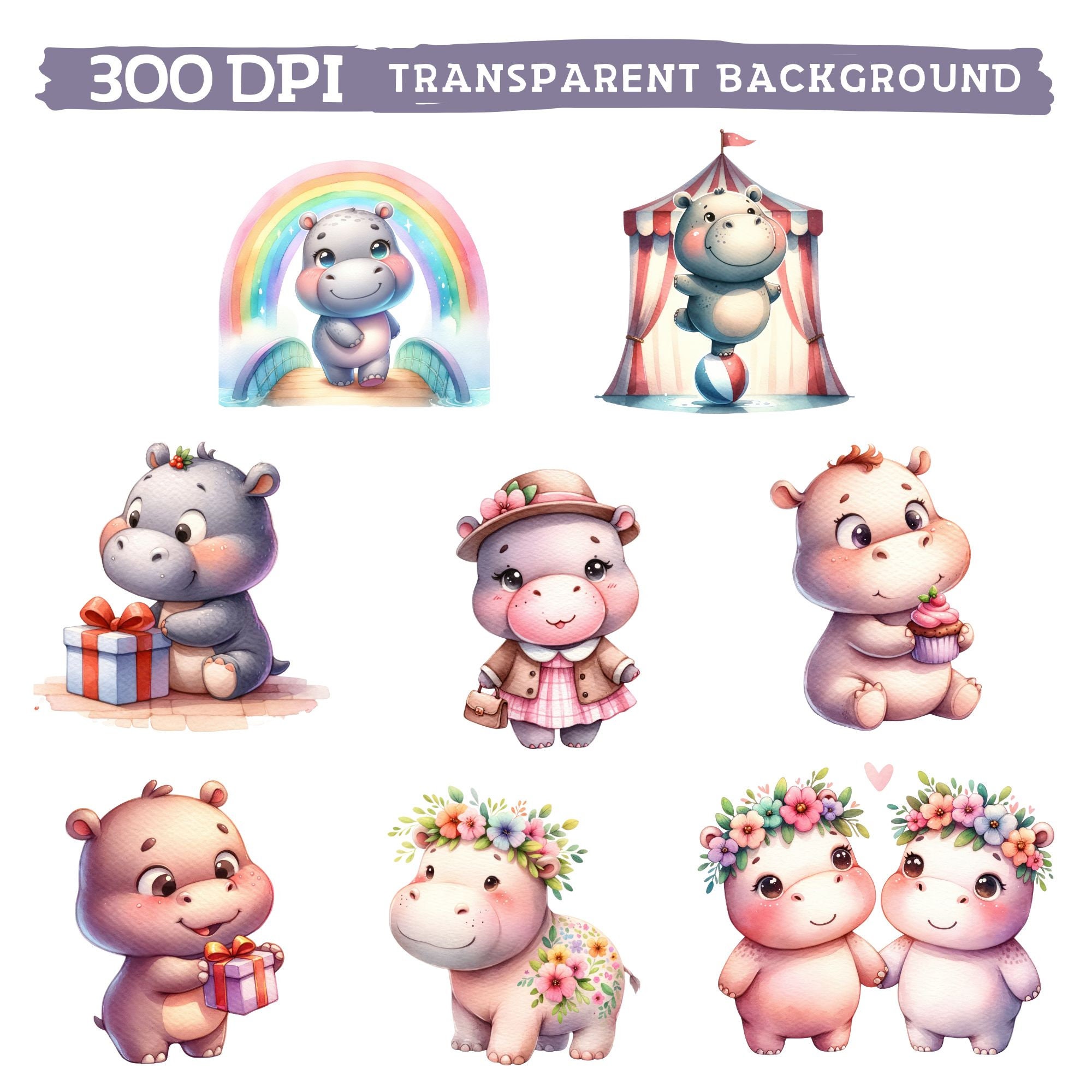 Cute Hippo Clipart, Watercolor Hippo Nursery Decor, Safari Birthday ...