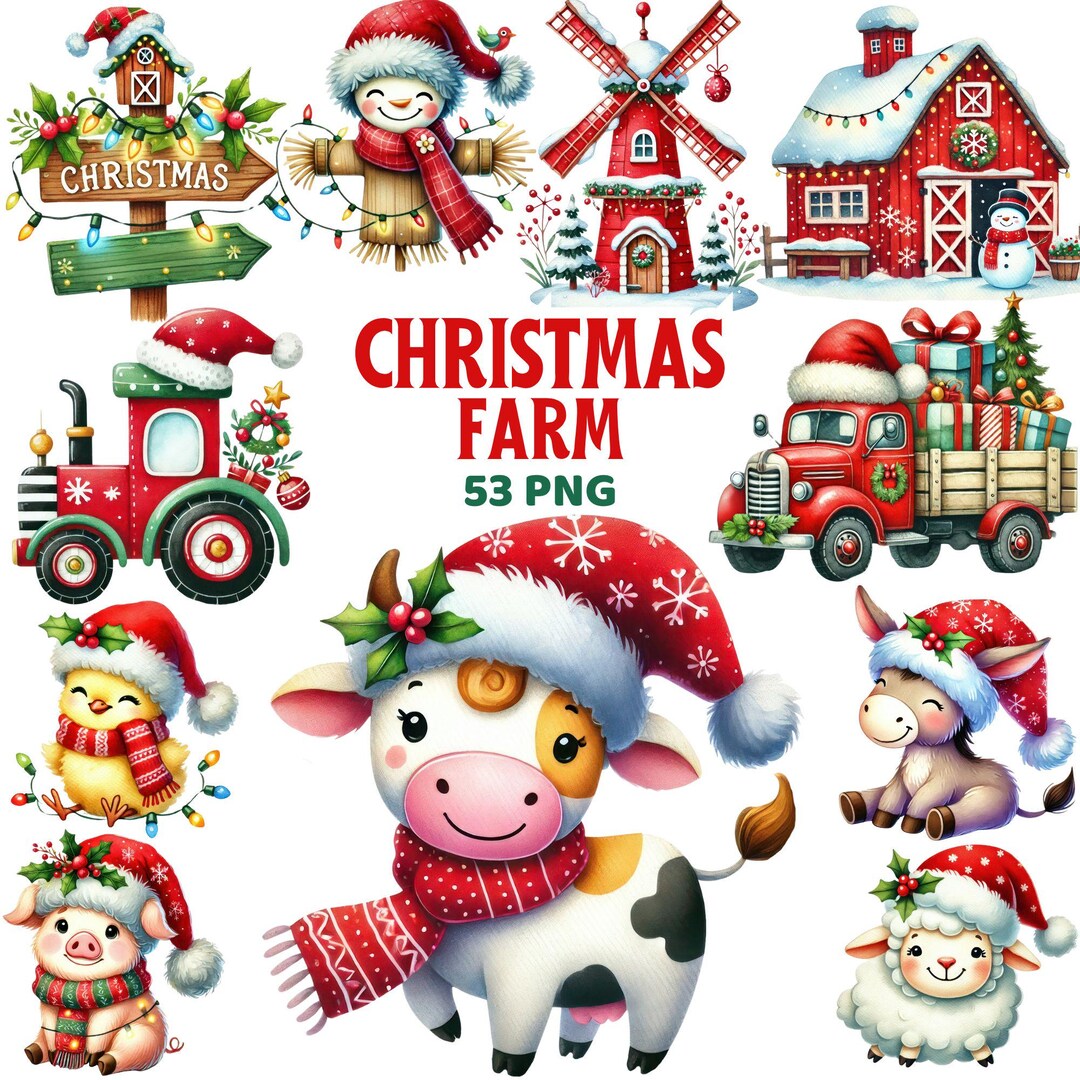Christmas Farm Clipart, Watercolor Cozy Christmas Farm Animals, Holiday ...
