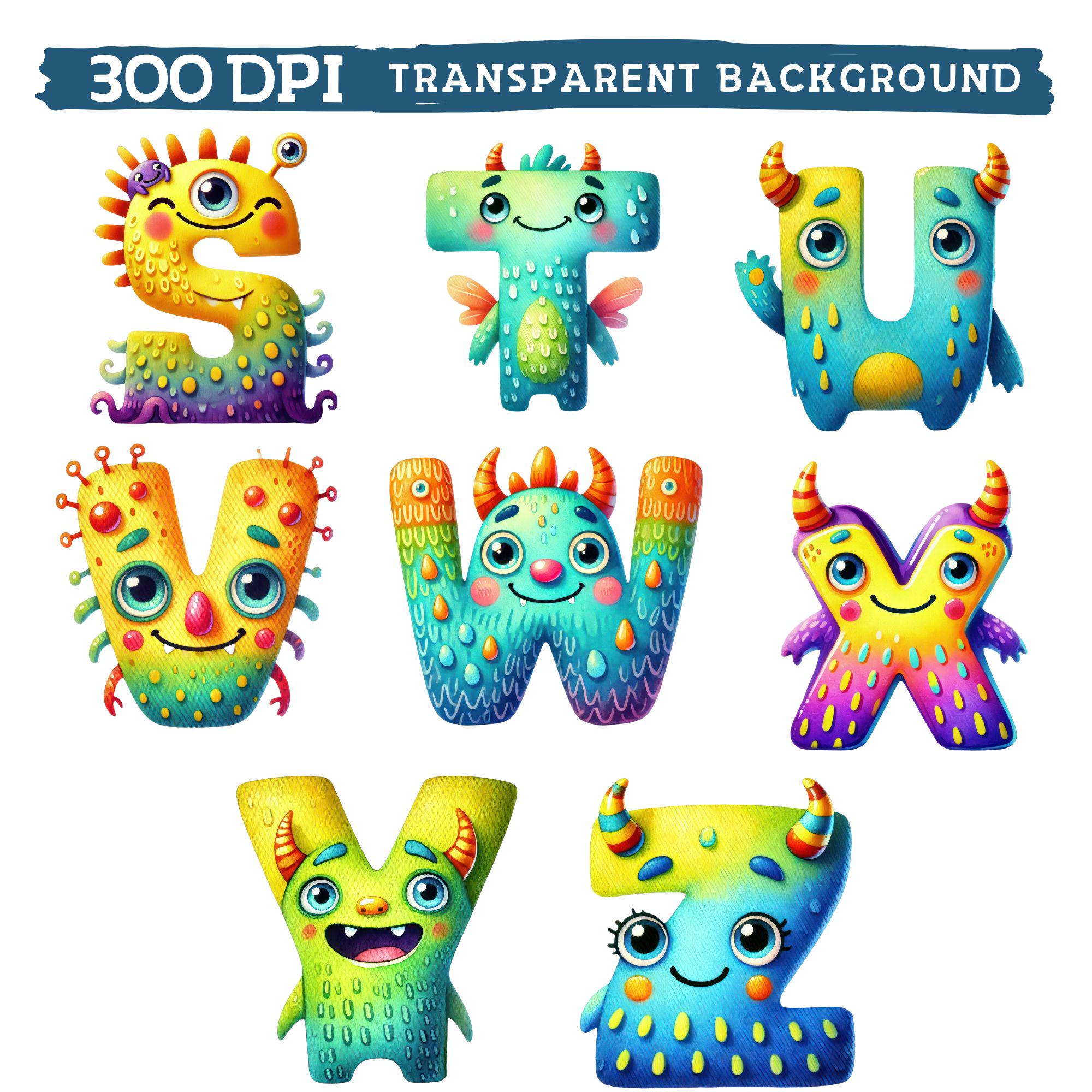 Monster Alphabet Clipart, Watercolor Cute Monster Letters & Numbers ...