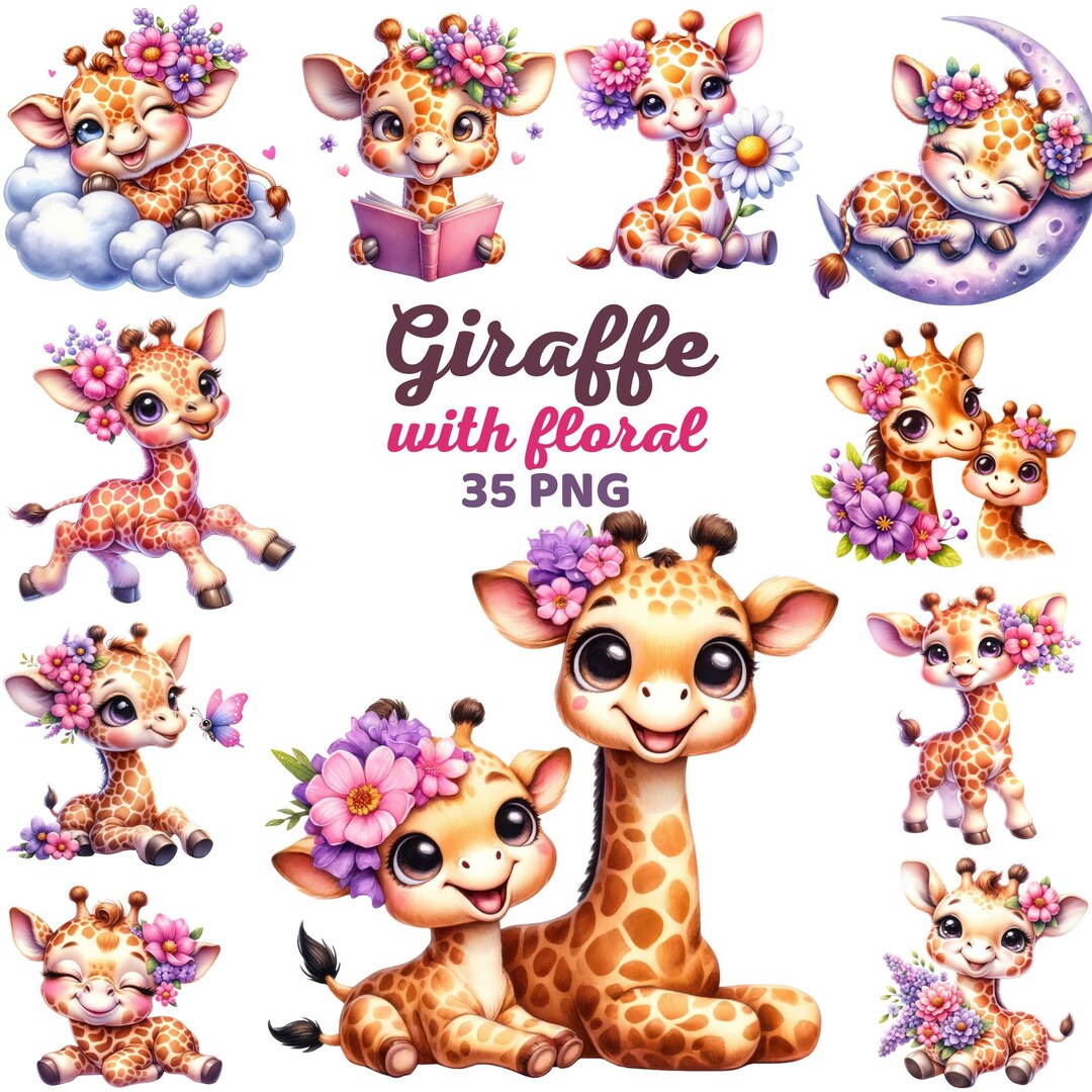 Cute Giraffes Clipart, Watercolor Giraffe With Floral Nursery, Spring ...