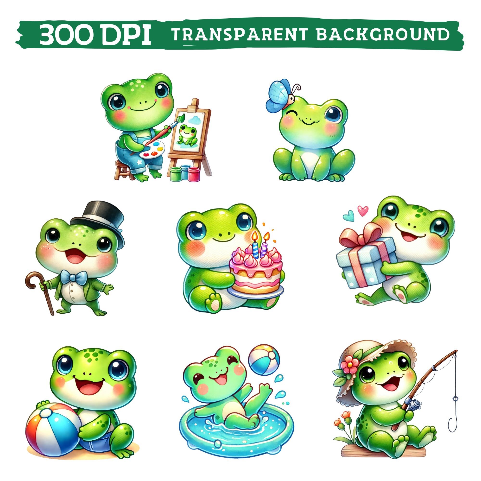 Cute Frog Clipart, Watercolor Green Frogs Nursery, Summer Fall Birthday ...