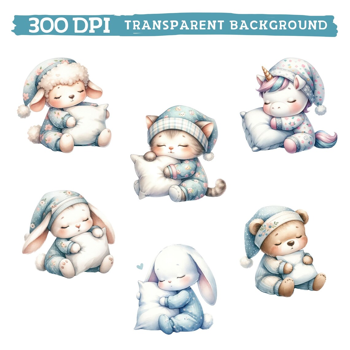 Watercolor Cute Sleepy Animals Clipart, Sleeping Baby Animal Pajamas ...