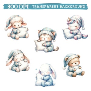 Watercolor Cute Sleepy Animals Clipart, Sleeping Baby Animal Pajamas ...