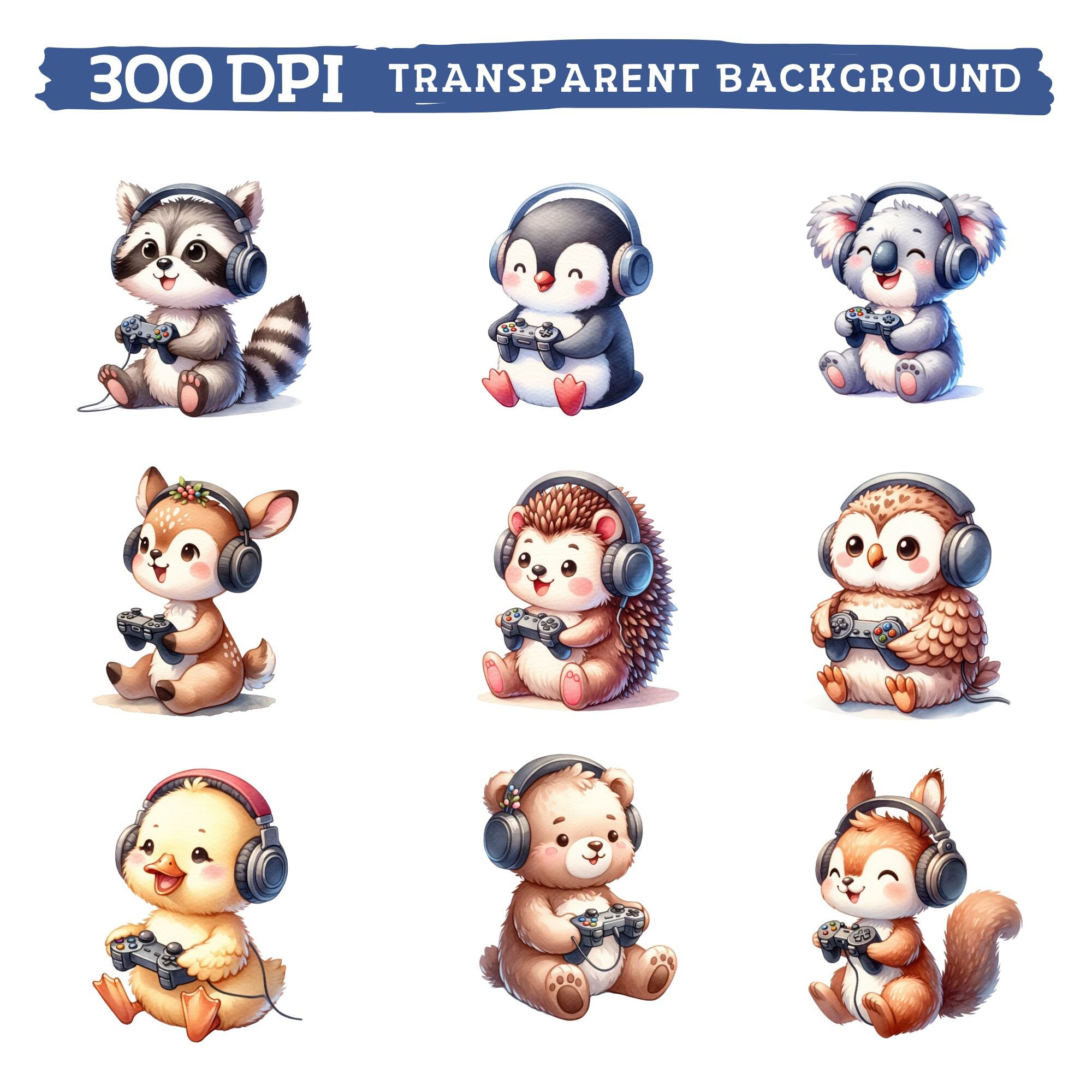 Watercolor Cute Gamer Animals Clipart, Gaming Animal Nursery, Dinosaur ...
