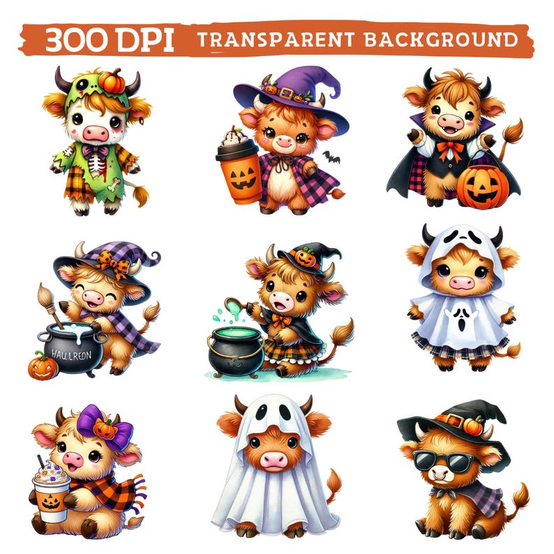 Halloween Highland Cow Clipart, Watercolor Cute Highland Cow Halloween ...