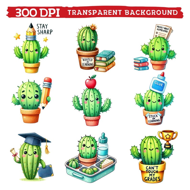 Cactus Back to School Clipart, Watercolor Cute Teacher Student ...