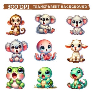 Shocked Animals Clipart, Watercolor Animal Shock, Nursery, Kids, Animal ...