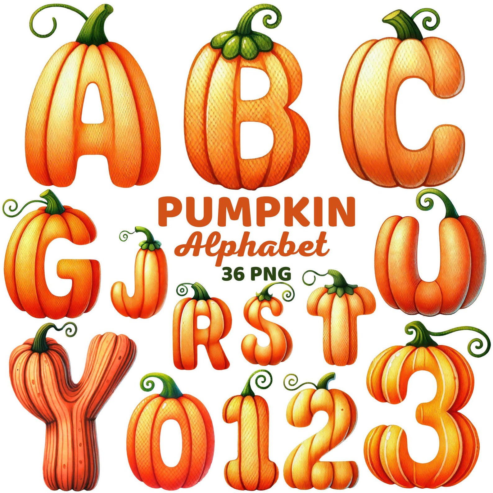 Pumpkin Alphabet, Watercolor Fall Pumpkins Numbers, Harvest Autumn ...