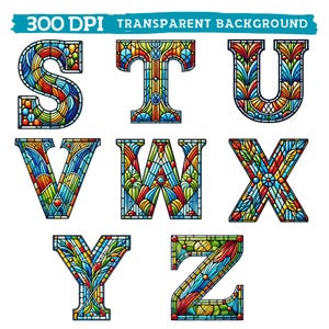 Stained Glass Alphabet Clipart, Colorful Vintage Letters & Numbers ...