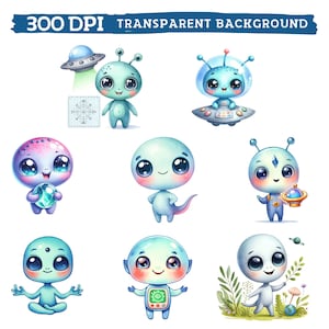 Cute Alien Clipart, Watercolor Adorable Alien, Sci-fi Nursery Decor ...