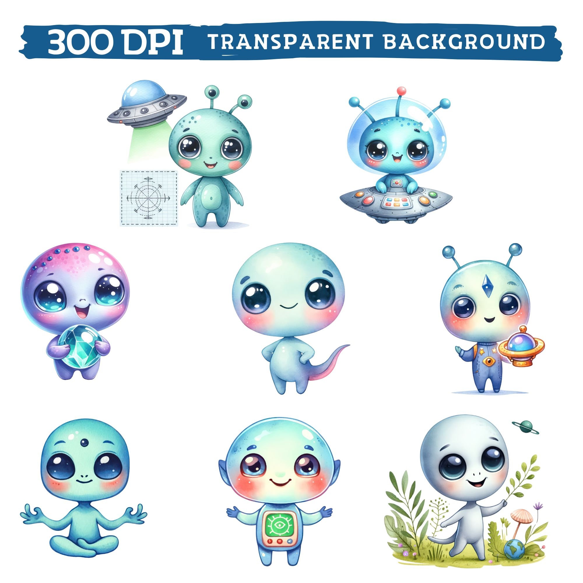 Cute Alien Clipart, Watercolor Adorable Alien, Sci-fi Nursery Decor ...