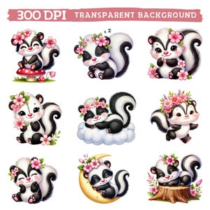 Cute Skunk Clipart, Watercolor Sweet Baby Skunks With Florals Sleep on ...