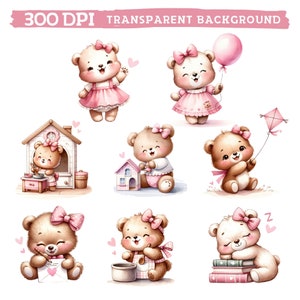 Watercolor Cute Baby Girl Bear Clipart, Sweet Bear Pink Nursery ...