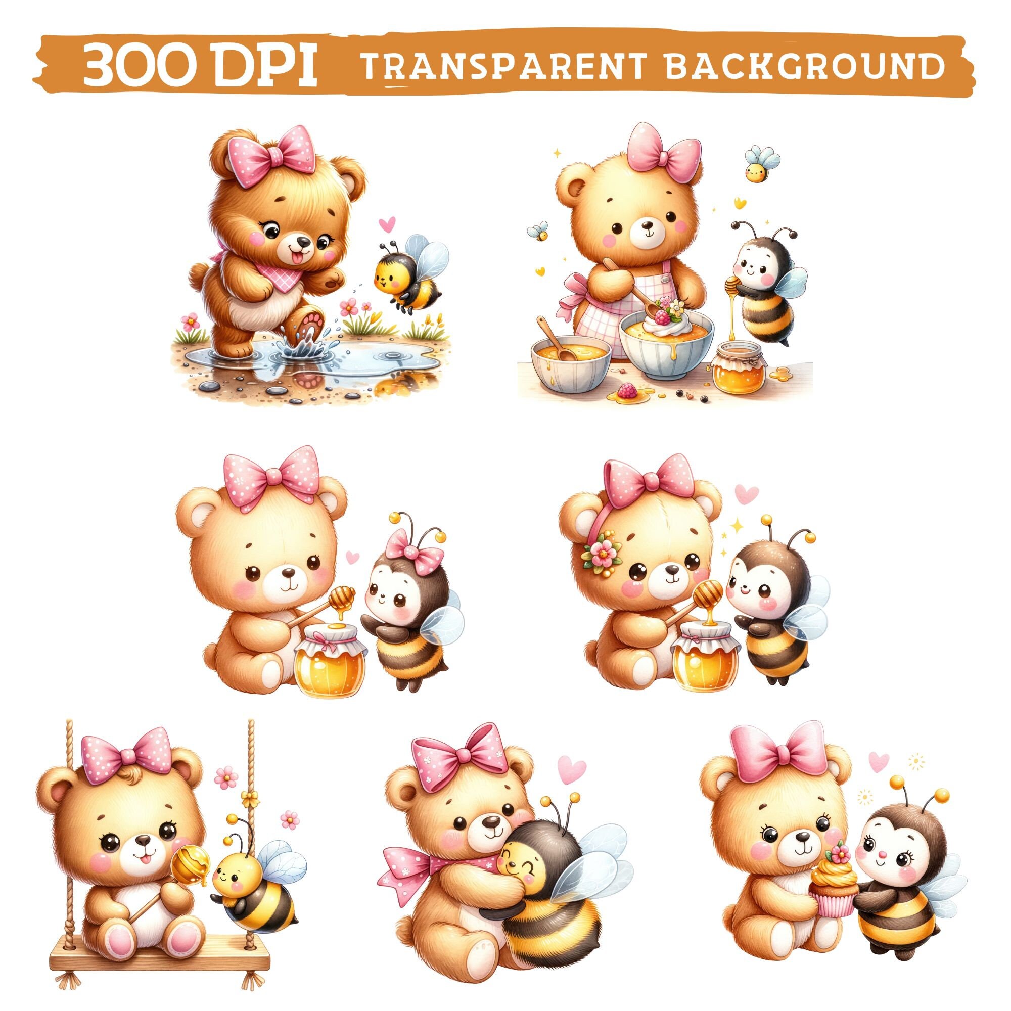 Watercolor Cute Bear and Bee Clipart, Bee Bear Spring Friend Nursery ...