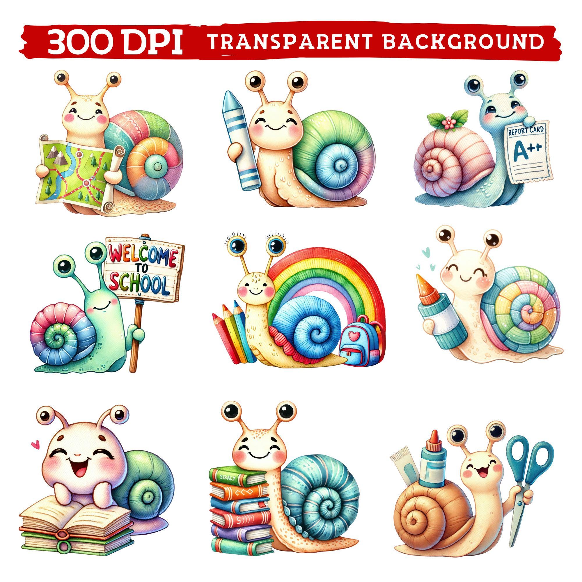 Snail Back to School Clipart, Watercolor Cute Snails 100th of School ...