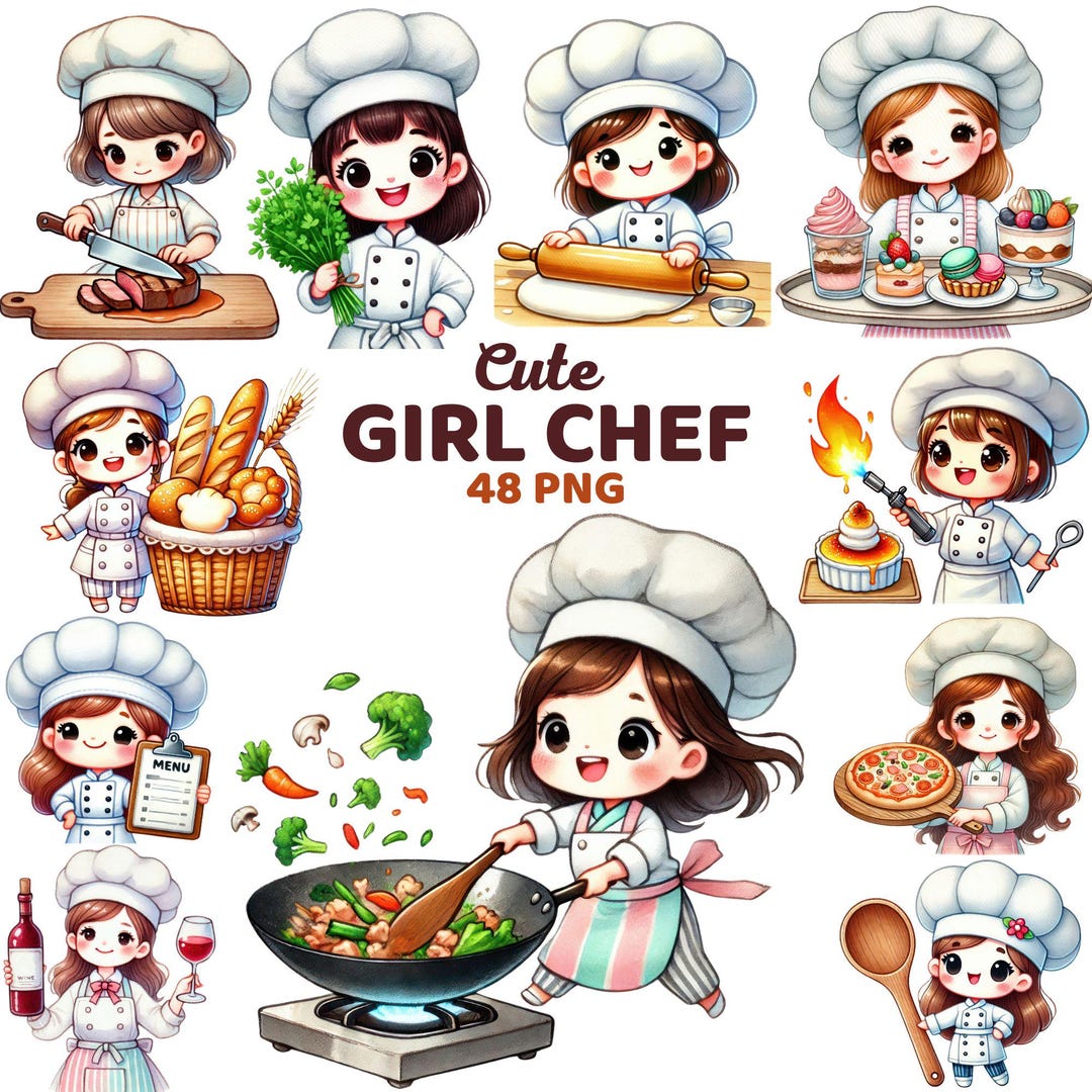 Cute Girl Chef Clipart, Watercolor Kids Kitchen, Cooking, Baking ...