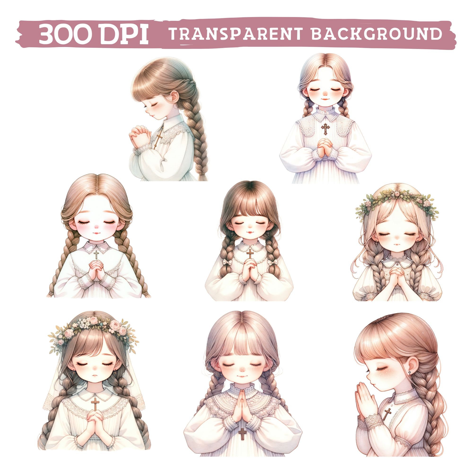 Cute First Communion Clipart, Watercolor Girl Praying, Lamb, Girl ...