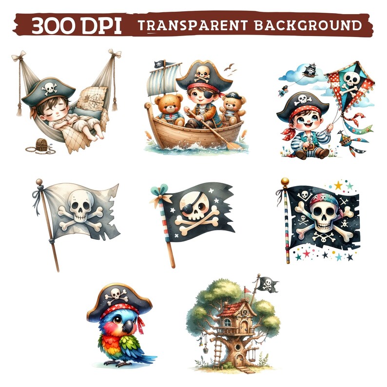Watercolor Cute Pirate Clipart, Pirate Ship Flag, Pirate Map Nursery ...