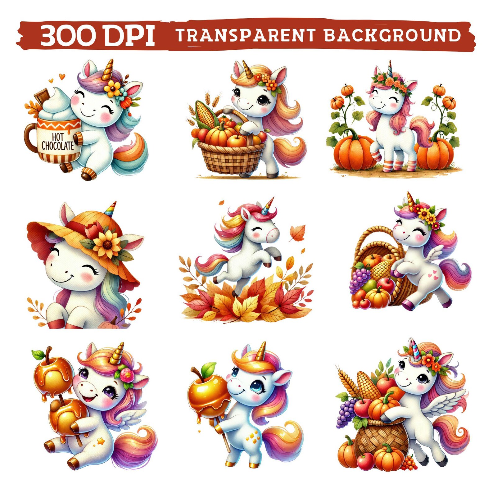 Cute Fall Unicorn Clipart, Watercolor Sweet Autumn Harvest Unicorn ...