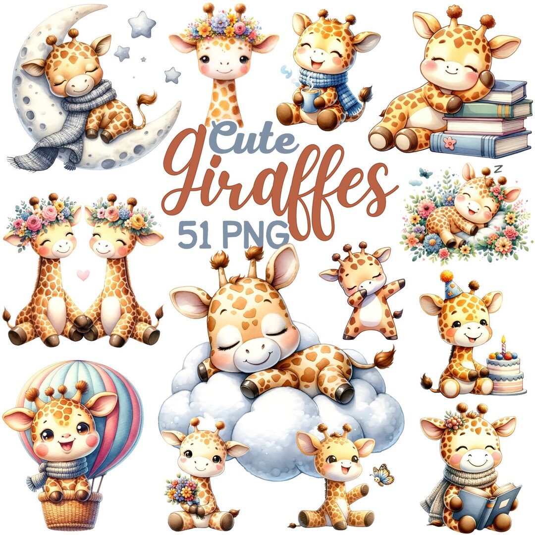 Watercolor Cute Giraffes Clipart, Giraffe Sleeping on Cloud Nursery ...