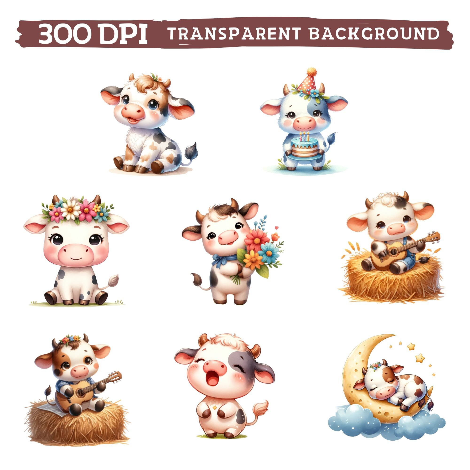 Cute Cow Clipart, Watercolor Baby Cow Nursery, Cow Sleep on Moon, Cow ...