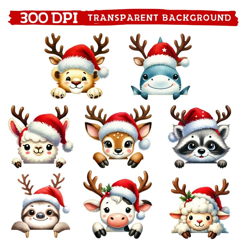 Peeking Christmas Animals Clipart, Watercolor Cute Holiday Animal Face ...
