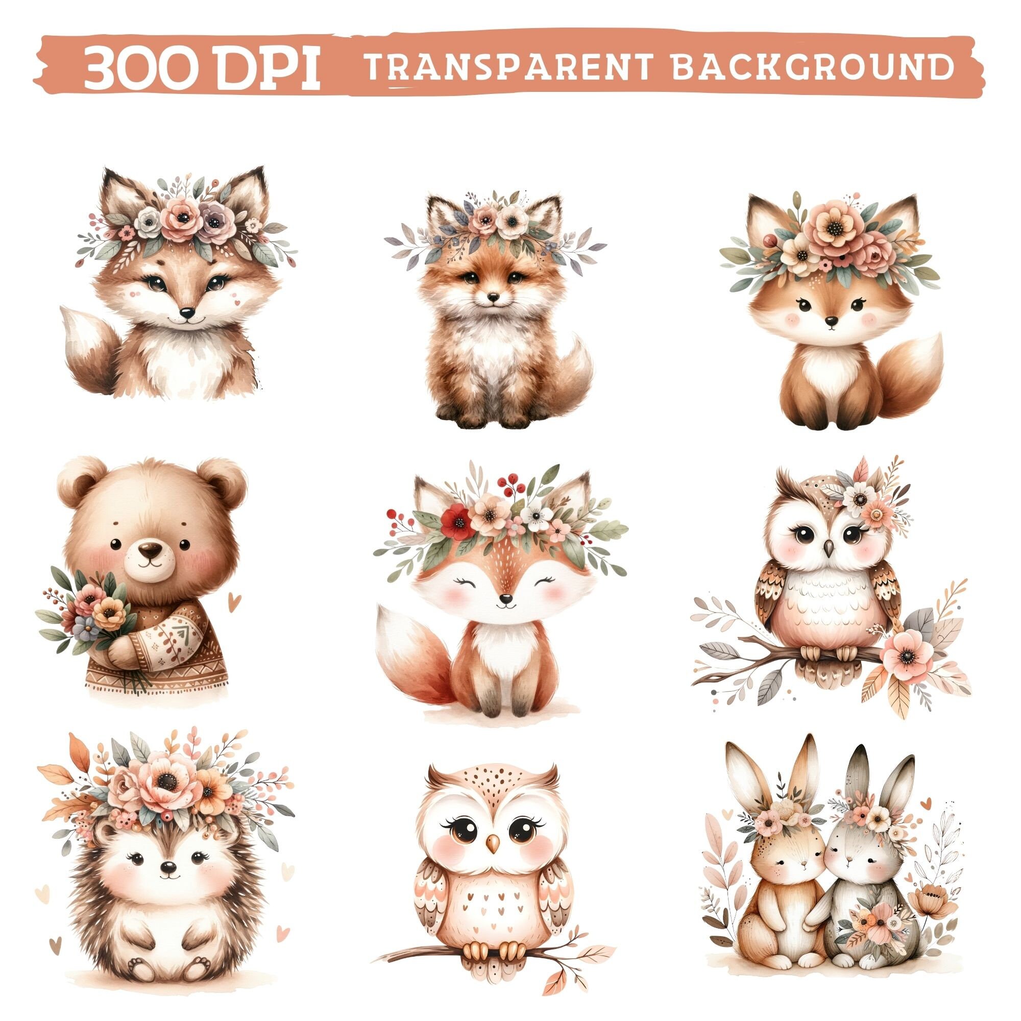 Watercolor Boho Woodland Animals Clipart, Animal Nursery Sublimation ...