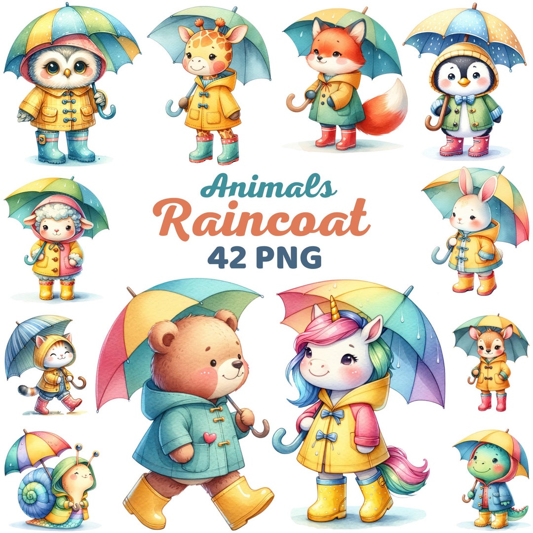 Adorable Animal With Raincoats Clipart, Watercolor Cute Animals With ...