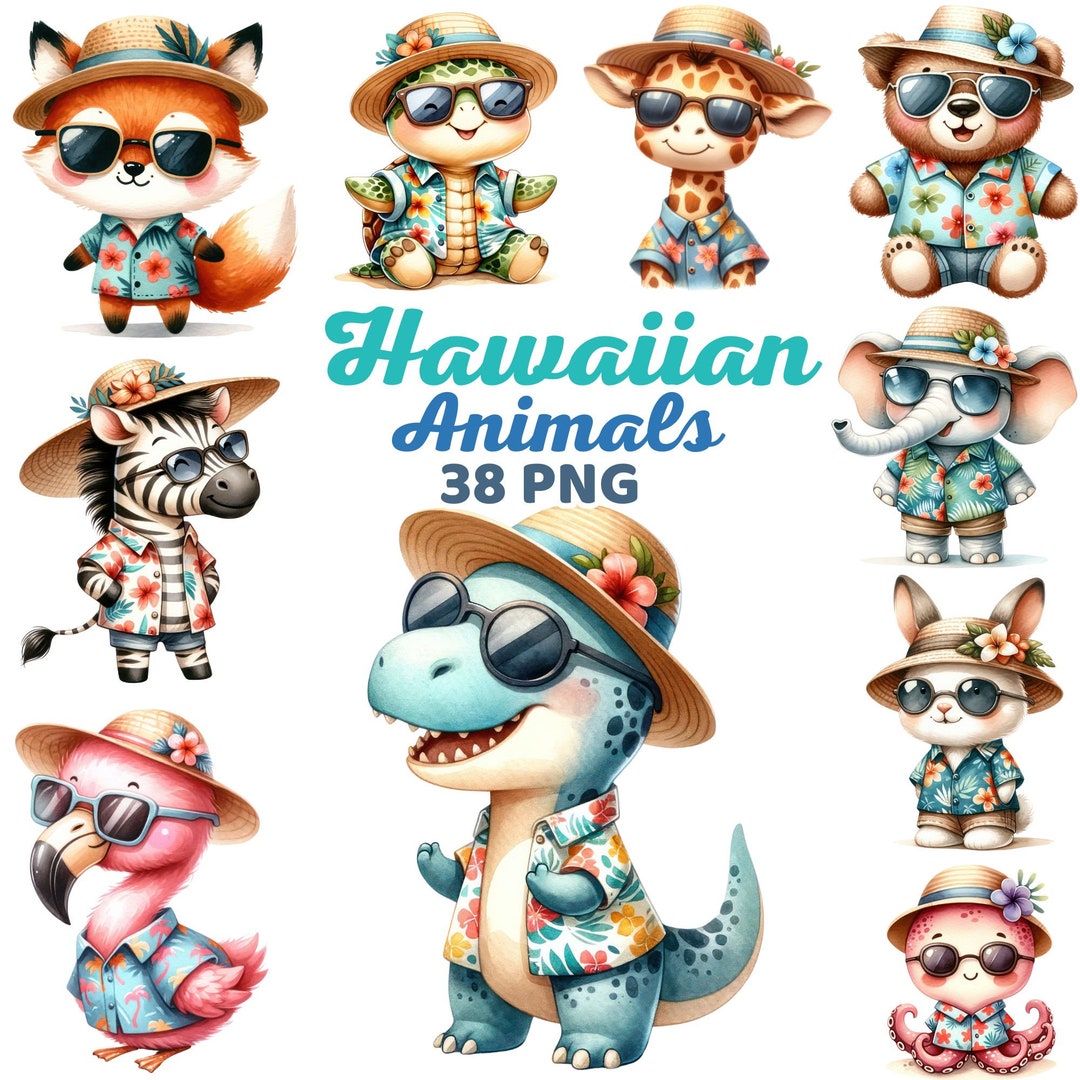 Cute Hawaiian Animals Clipart, Watercolor Beach Party, Aloha Theme ...