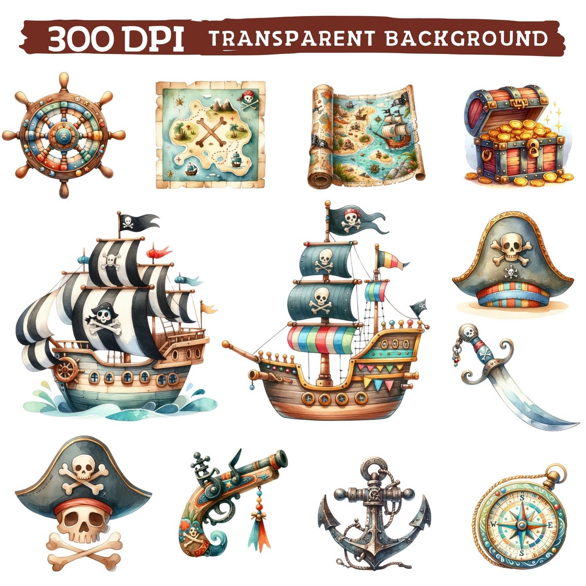 Watercolor Cute Pirate Clipart, Pirate Ship Flag, Pirate Map Nursery ...