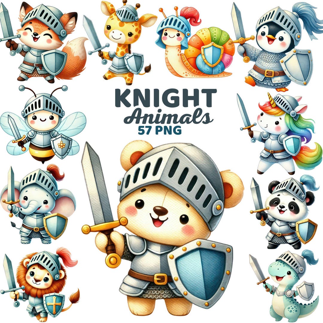 Knight Animals Clipart, Watercolor Cute Medieval Animal Nursery Decor ...