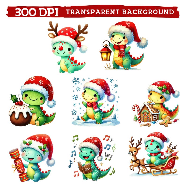Christmas Dinosaur Clipart, Watercolor Cute Holiday Dino, Nursery Decor ...