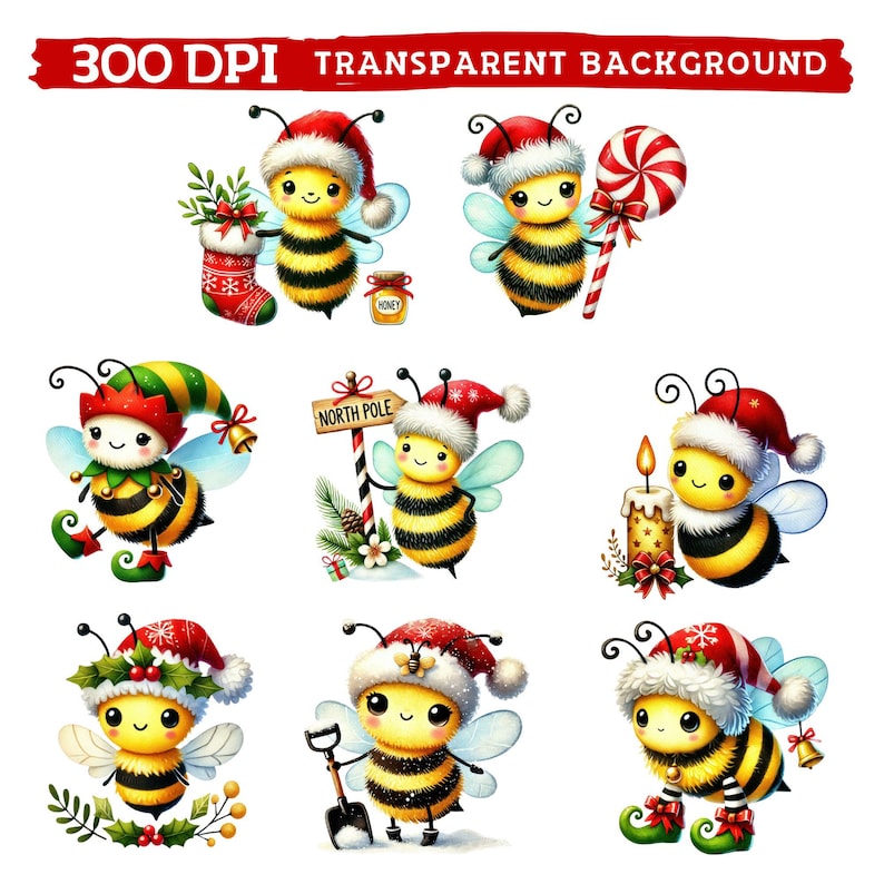 Christmas Bee Clipart, Watercolor Cute Holiday Bees, Nursery Decor ...