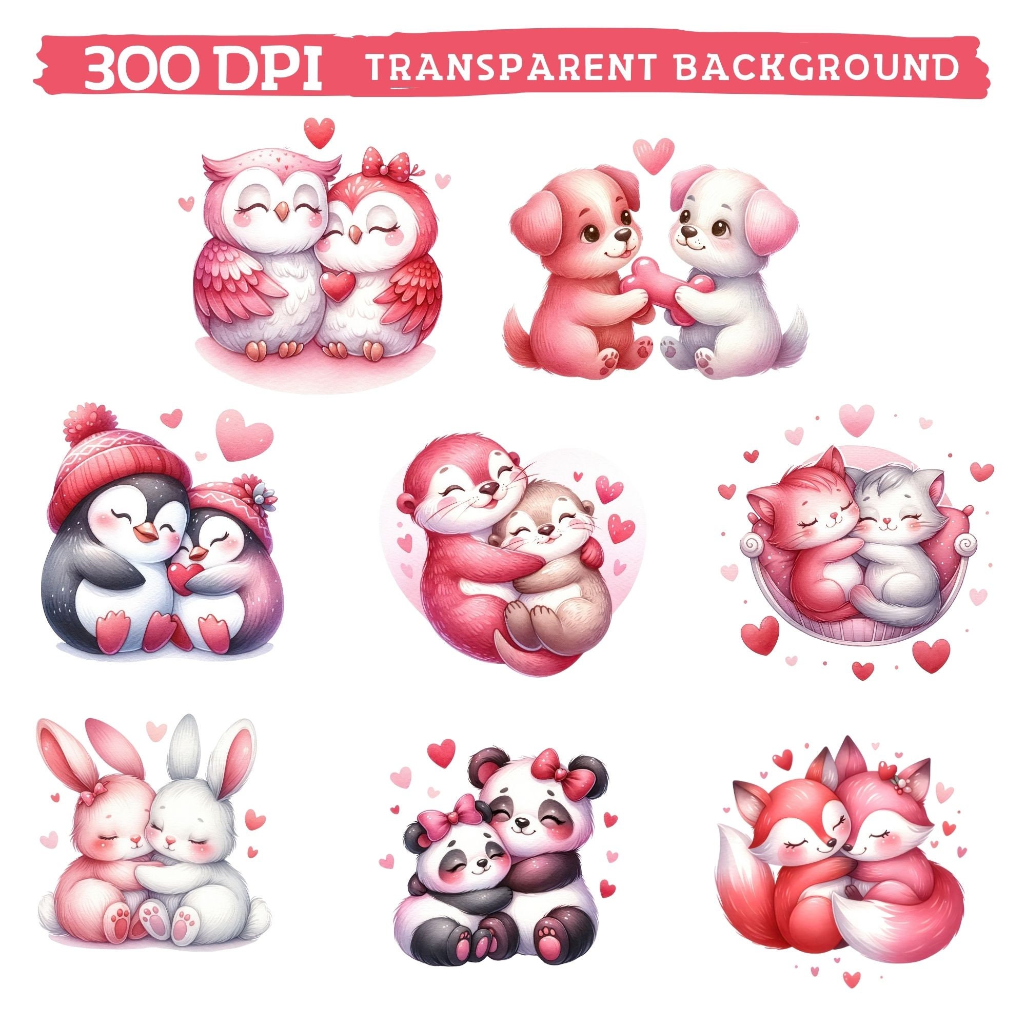 Watercolor Cute Couple Animals Clipart, Pink Romantic Baby Animal ...