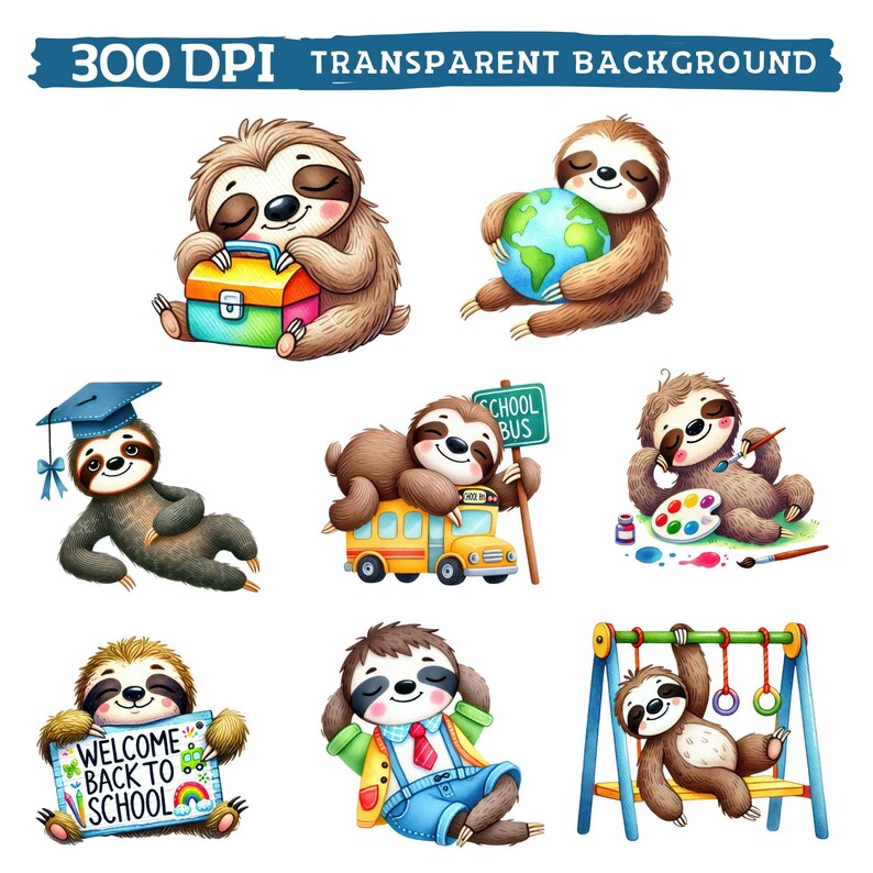 Sloth Back to School Clipart, Watercolor Cute Teachers Kids, Classroom ...