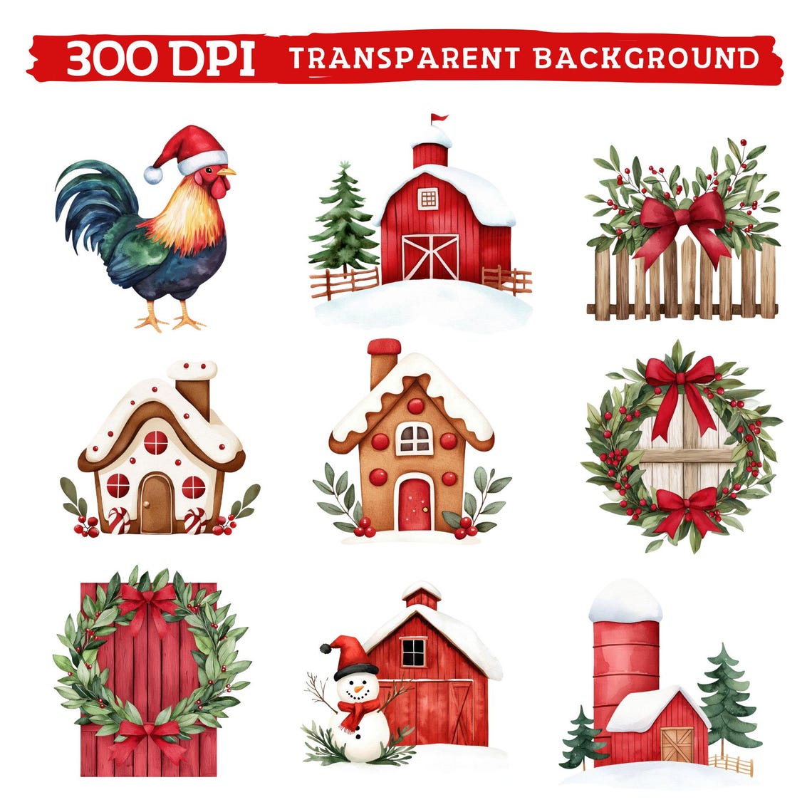Cute Christmas Farm Clipart, Watercolor Cozy Christmas Farm Animals ...