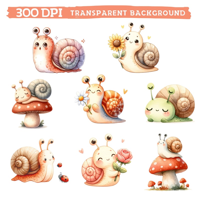Watercolor Cute Snail Clipart, Spring Summer Snail Garden Nursery ...