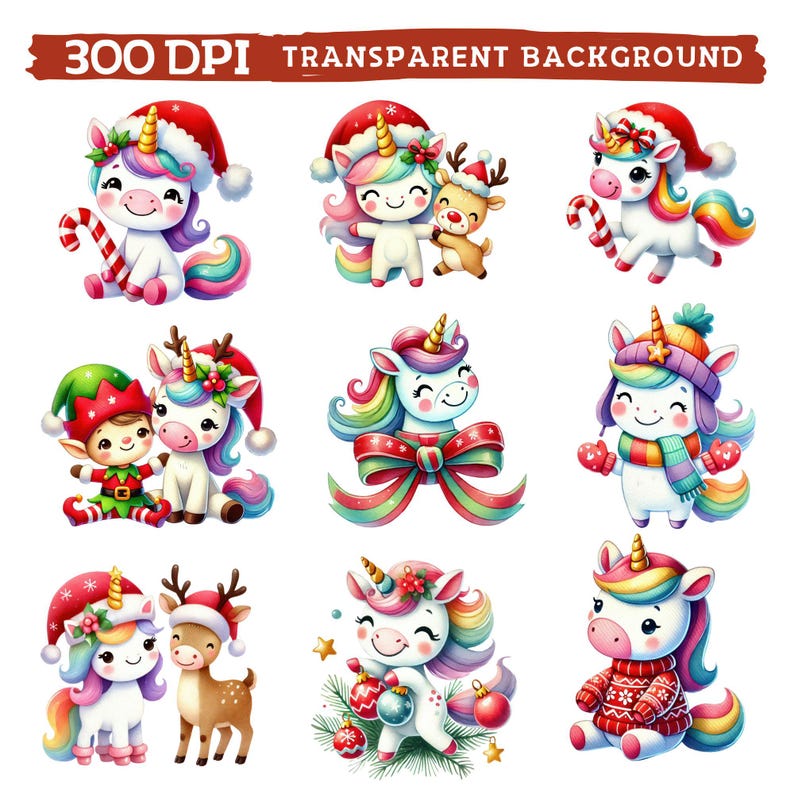 Christmas Unicorn Clipart, Watercolor Cute Holiday Unicorns, Festive ...