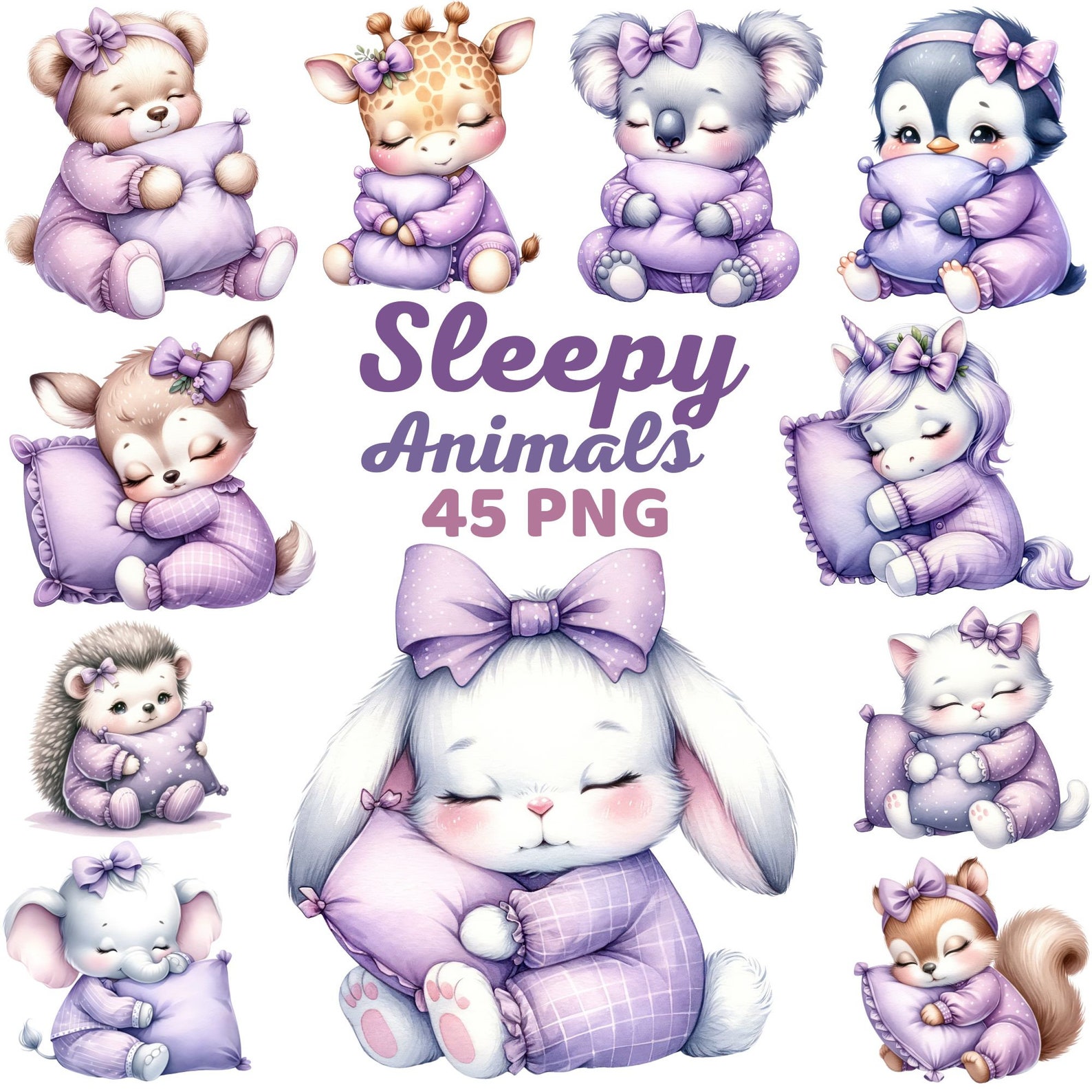 Watercolor Cute Lilac Sleepy Animals Clipart, Purple Sleeping Baby ...