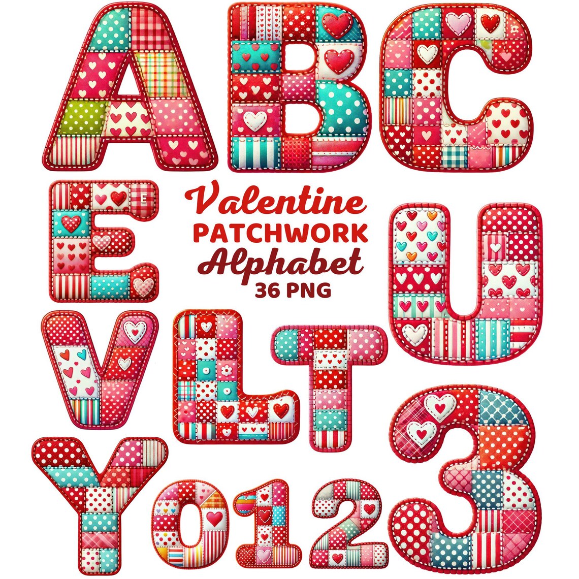 Valentine Patchwork Alphabet Clipart, Heart Fabric Letters & Numbers ...