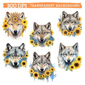 Watercolor Boho Wolf Sunflower Florals Clipart, Mystic Wolf Face Flower ...