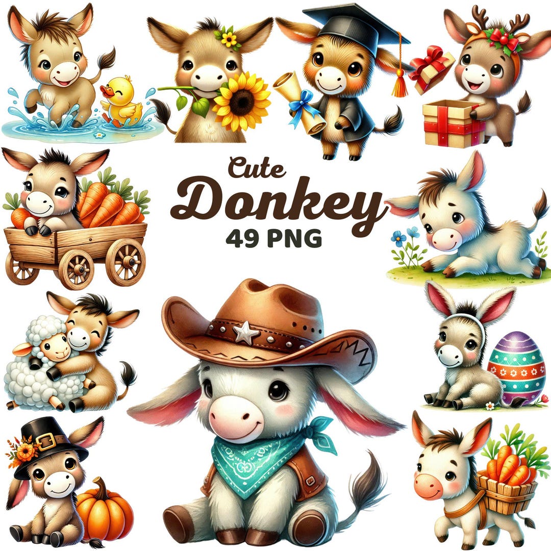 Cute Donkey Clipart, Watercolor Farm Animal Nursery Decor, Cowboy ...