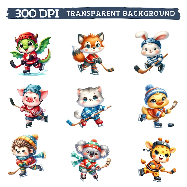 Hockey Animals Clipart, Watercolor Cute Cartoon Winter Sports Nursery ...